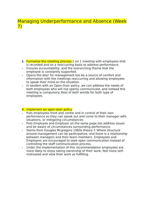 msp tutorial work 2 strategies managing underperformance and absence week 7 i formalise