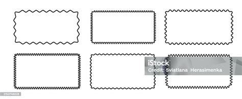 흰색 배경에 고립된 지그재그 물결 모양의 가장자리가 있는 직사각형 프레임 테두리 집합입니다 벡터 일러스트 레이 션입니다 가리비에 대한 스톡 벡터 아트 및 기타 이미지