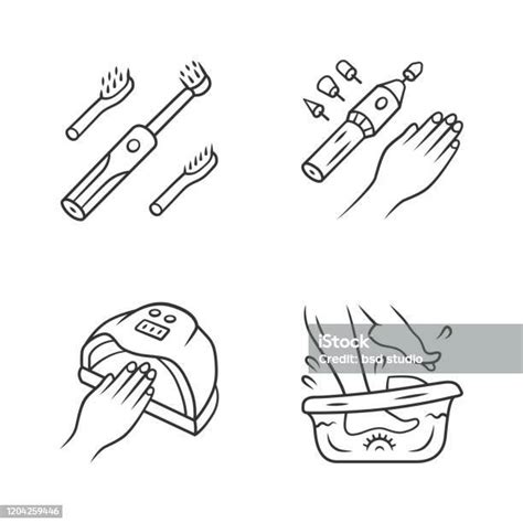 뷰티 장치 선형 아이콘 세트 전동 칫솔과 족열 스파 목욕 마사지기 전기 매니큐어 및 네일 드라이어 가는 선 윤곽심 격리된 벡터 개요 그림입니다 편집 가능한 스트로크 전등에