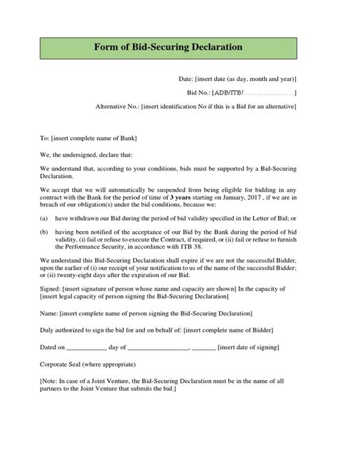 Form Of Bid Securing Declaration Pdf