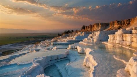Premium Photo Sunset Over Terraced Mineral Pools