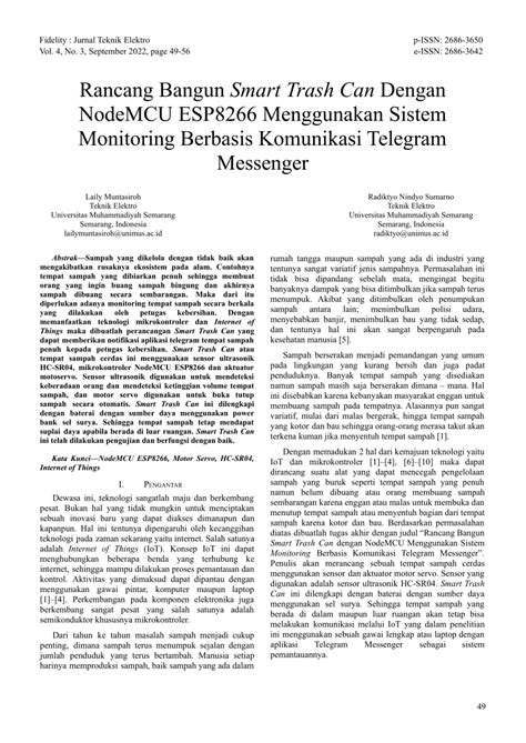Pdf Rancang Bangun Smart Trash Can Dengan Nodemcu Esp8266 Menggunakan