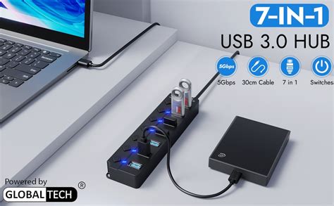 Global Tech 7 Port Usb Hub 3 0 Multi Usb Port Hub With Individual Switches And Lights Usb