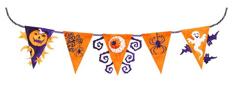 휴가 대 한 다채로운 플래그와 갈 랜드 해피 할로윈 귀여운 만화 유령 문자입니다 수채화 손으로 그린 그림을 흰색 배경에 고립 된