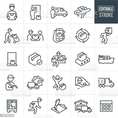 패키지 배송 및 배송 씬 라인 아이콘 편집 가능한 스트로크 아이콘에 대한 스톡 벡터 아트 및 기타 이미지 아이콘 배달 화물 운송 Istock