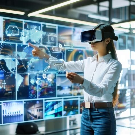 woman interacting with data visualization wall using vr headset immersive technology concept