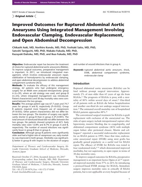 Pdf Improved Outcomes For Ruptured Abdominal Aortic Aneurysms Using