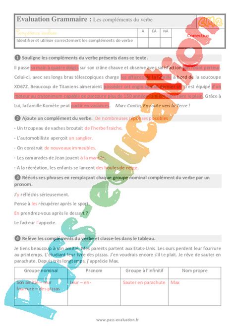 Evaluation sur les compléments du verbe avec le corrigé Bilan au CM Cycle PDF à imprimer