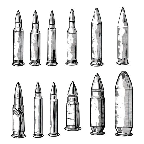 Hand Drawn Cartridge Set Ink Drawing Sketch Weapon Bullets Vector Black
