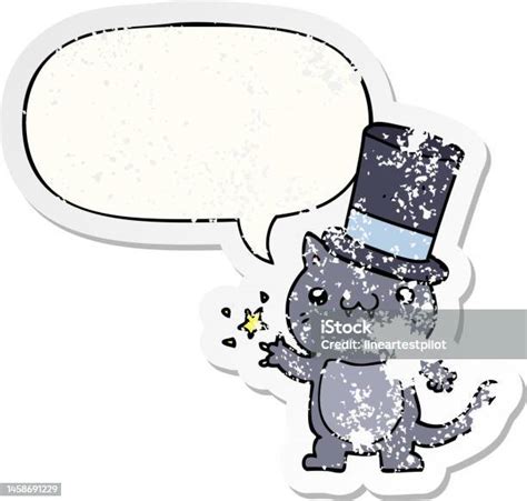 만화 고양이 모자를 쓰고 연설 거품 고민 고민 오래 된 스티커 0명에 대한 스톡 벡터 아트 및 기타 이미지 0명 귀여운 그런지 이미지 기법 Istock