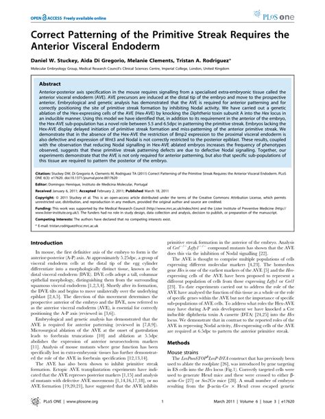Pdf Correct Patterning Of The Primitive Streak Requires The Anterior