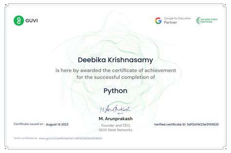 Deebika Krishnasamy On Linkedin Pythoncourse Python Learnt Certificate Pythoncertification