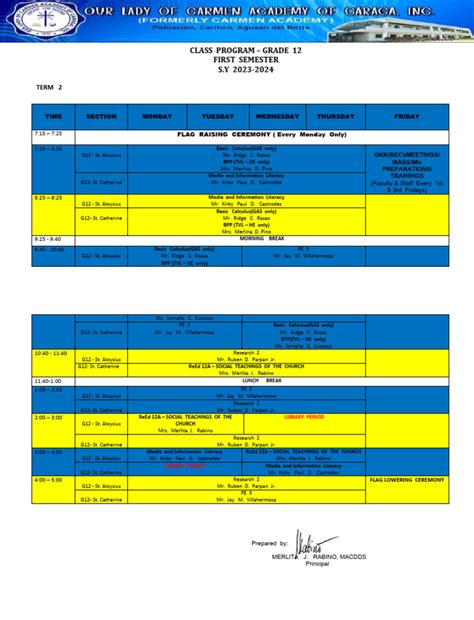 Grade 12 Class Program Sy 2023 2024edited For Printing Pdf Reading