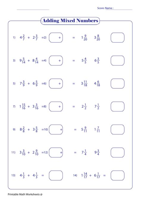 Adding Mixed Numbers Printable Pdf Download
