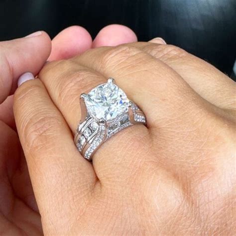 14k Heavy White Gold Cushion Simulated Diamond Engagement Ring And Band