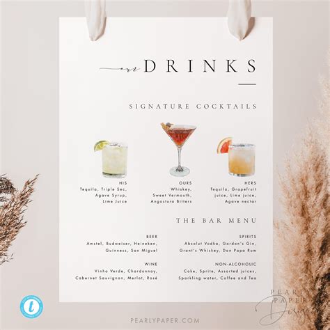 Printable Bar Menu Template Signature Cocktails Sign Download Elegant