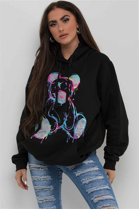 Womens Black Oversized Hoodie With Teddy Bear Graphic Print Styledup