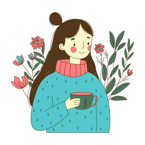 Cute Innocent Nerd Girl Character Holding A Cup Of Coffee With Flower Floral Decoration Stock