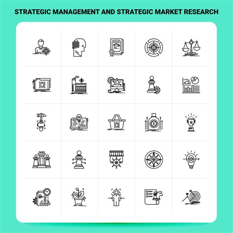 Outline 25 Strategic Management And Strategic Market Research Icon Set Vector Line Style Design