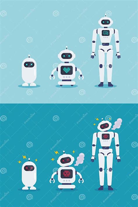 Collection Of Normal Robots And Crash Broken Error Robots Stock Vector