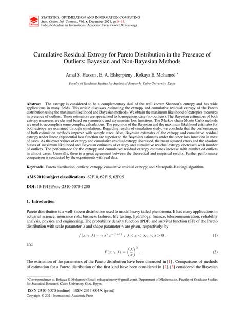 Pdf Cumulative Residual Extropy For Pareto Distribution In The Presence Of Outliers Bayesian