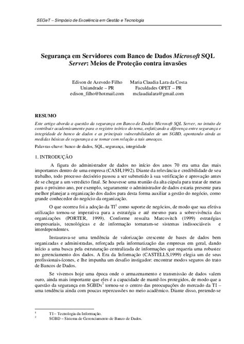 Pdf Segurança Em Servidores Com Banco De Dados Microsoft Sql Server Meios De Proteção Contra