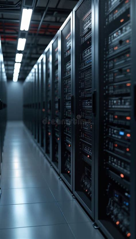 Rows Of Server Racks Form Tech Hub In Data Center Darkened Interior Advanced Tech Equipment