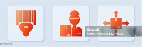 골판지 상자 스캐너 스캐닝 바코드 및 교통 기호가있는 골판지 상자로 배달 남자를 설정합니다 흰색 정사각형 버튼 벡터 0명에 대한 스톡 벡터 아트 및 기타 이미지 Istock