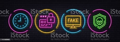 시계 잠금 및 가짜 뉴스 최소 라인 아이콘 웹 응용 프로그램의 경우 인쇄 네온 레이저 3d 조명 벡터 금융에 대한 스톡 벡터 아트 및 기타 이미지 Istock