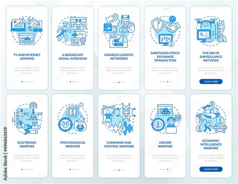 Information Warfare Blue Onboarding Mobile App Screen Set Walkthrough 5 Steps Graphic
