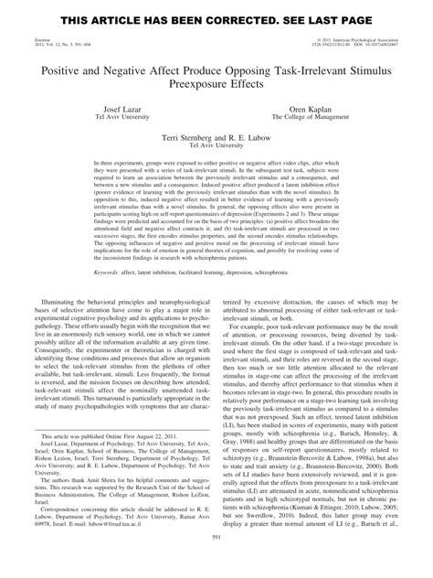 Pdf Positive And Negative Affect Produce Opposing Task Irrelevant Stimulus Preexposure