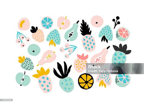 추상적 인 과일은 현대적인 스타일로 설정됩니다 벡터 일러스트 레이 션 딸기 체리 파인애플 사과 배 오렌지 트렌디 한 모양