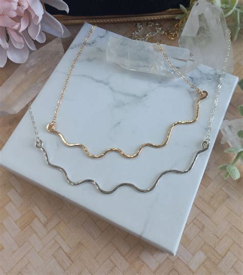 Squiggle Short Necklace Wavy Pendant Hammered Gold Filled Sterling