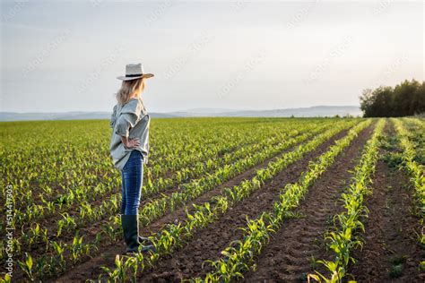 Foto De Satisfied Female Farmer Is Looking At Corn Field In Cultivated