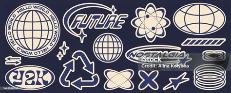 복고풍 미래 스티커 Y2k 스타일의 추상 그래픽 기하학적 기호와 개체 메모 포스터 배너 스티커 명함 로고에 대한 템플릿 2000