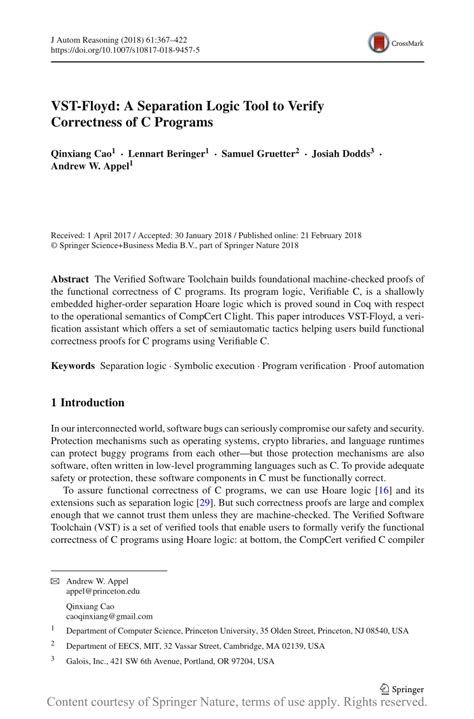 Vst Floyd A Separation Logic Tool To Verify Correctness Of C Programs