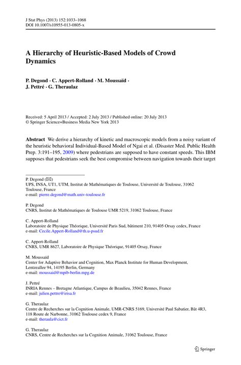 Pdf A Hierarchy Of Heuristic Based Models Of Crowd Dynamics