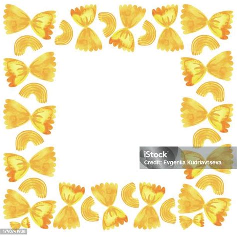 메뉴 인증서 및 소책자를 디자인하고 카페를 광고하기 위한 다양한 유형의 이탈리아 파스타의 정사각형 프레임입니다 고립된 수채화 그림입니다 클립 아트 가정 주방에 대한 스톡