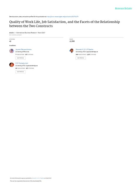 Quality Of Work Life Job Satisfaction And The Facets Of The Relationship Between The Two