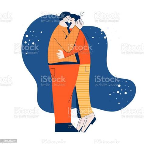 겨울 휴가 로맨틱 한 커플 남자와 여자 에 사랑 포옹 포옹 과 키스 트렌디 한 플랫 벡터 일러스트 걷기에 대한 스톡 벡터 아트 및 기타 이미지 Istock