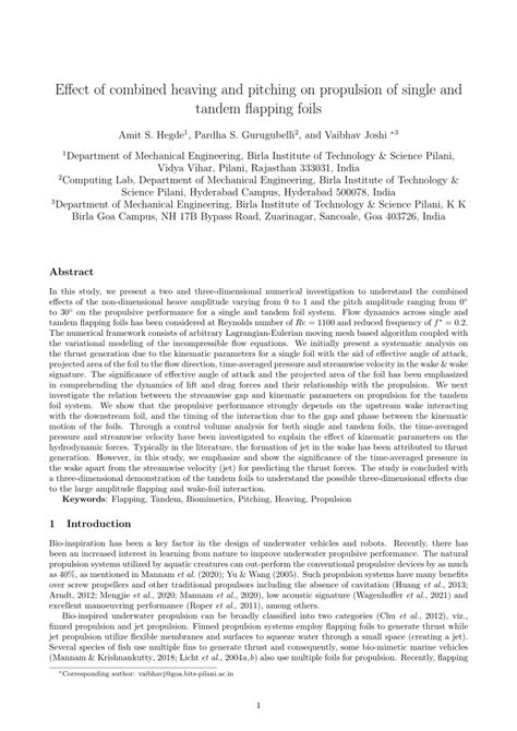 Pdf Effect Of Combined Heaving And Pitching On Propulsion Of Single And Tandem Flapping Foils