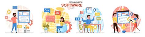 Programming Software Concept Scenes Set Developers Code In Different