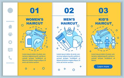 미용실 서비스 온보딩 모바일 웹 페이지 벡터 템플릿 선형 일러스트와 응답 스마트 폰 웹 사이트 인터페이스 아이디어 웹 페이지 연습 단계 화면입니다 색상 컨셉 3에 대한 스톡