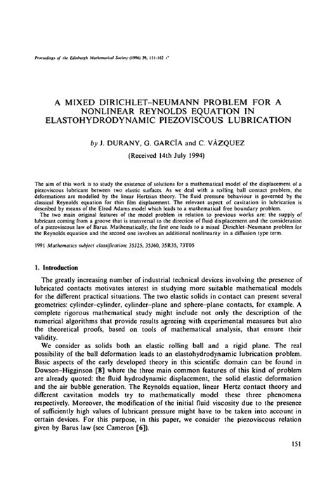 Pdf A Mixed Dirichlet Neumann Problem For A Nonlinear Reynolds Equation In Elastohydrodynamic