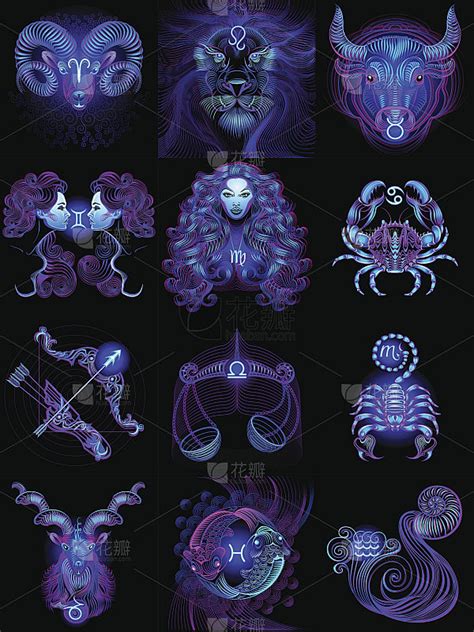 十二蓝色霓虹星座。矢量图
