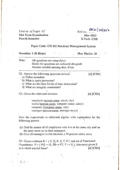 Co Dbms Pyq Pyq Database Management System Studocu