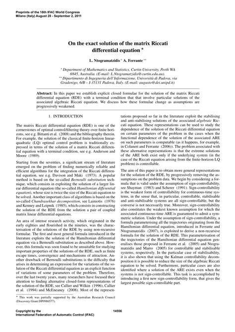 Pdf On The Exact Solution Of The Matrix Riccati Differential Equation