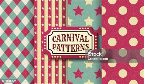 카니발 복고풍 빈티지 매끄러운 패턴의 세트 질감 구식 서커스 벽지 템플릿 벡터 텍스처 배경 타일의 컬렉션입니다 파티 생일 장식 요소 Carnival에 대한 스톡 벡터 아트