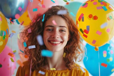 Premium Photo Happy Girl In A Rain Of Confetti And Balloons