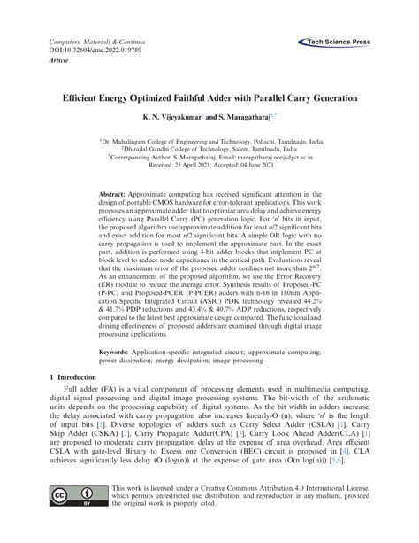 Pdf Efficient Energy Optimized Faithful Adder With Parallel Carry Generation